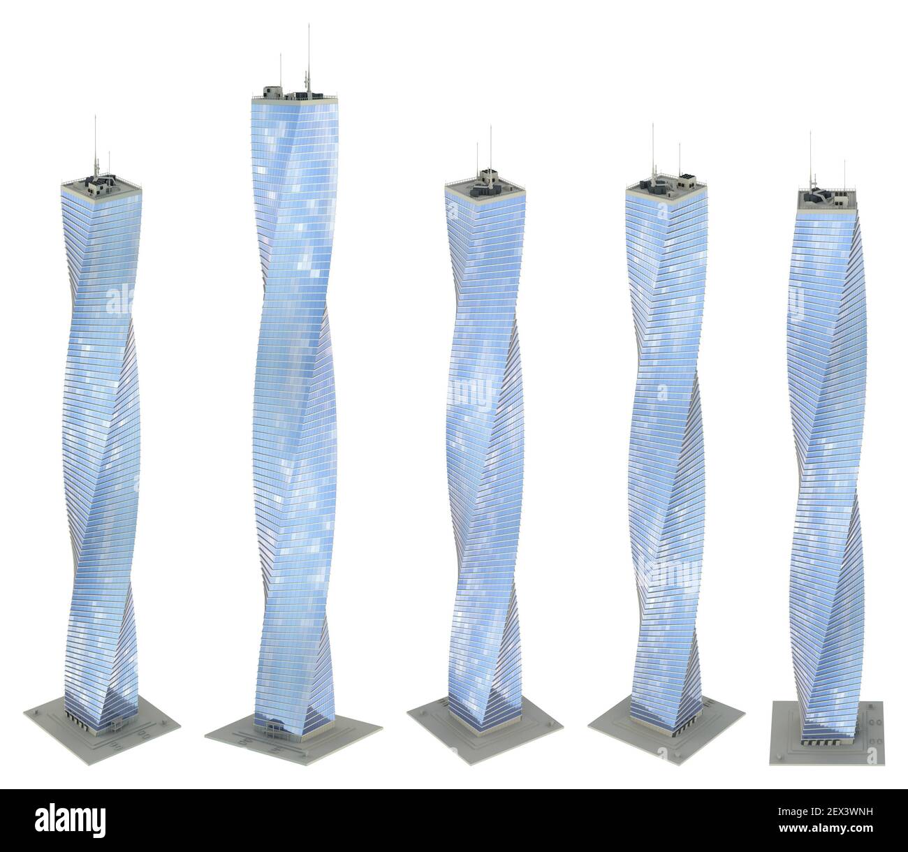 5 renders of fictional design buildings with helix design with blue ...