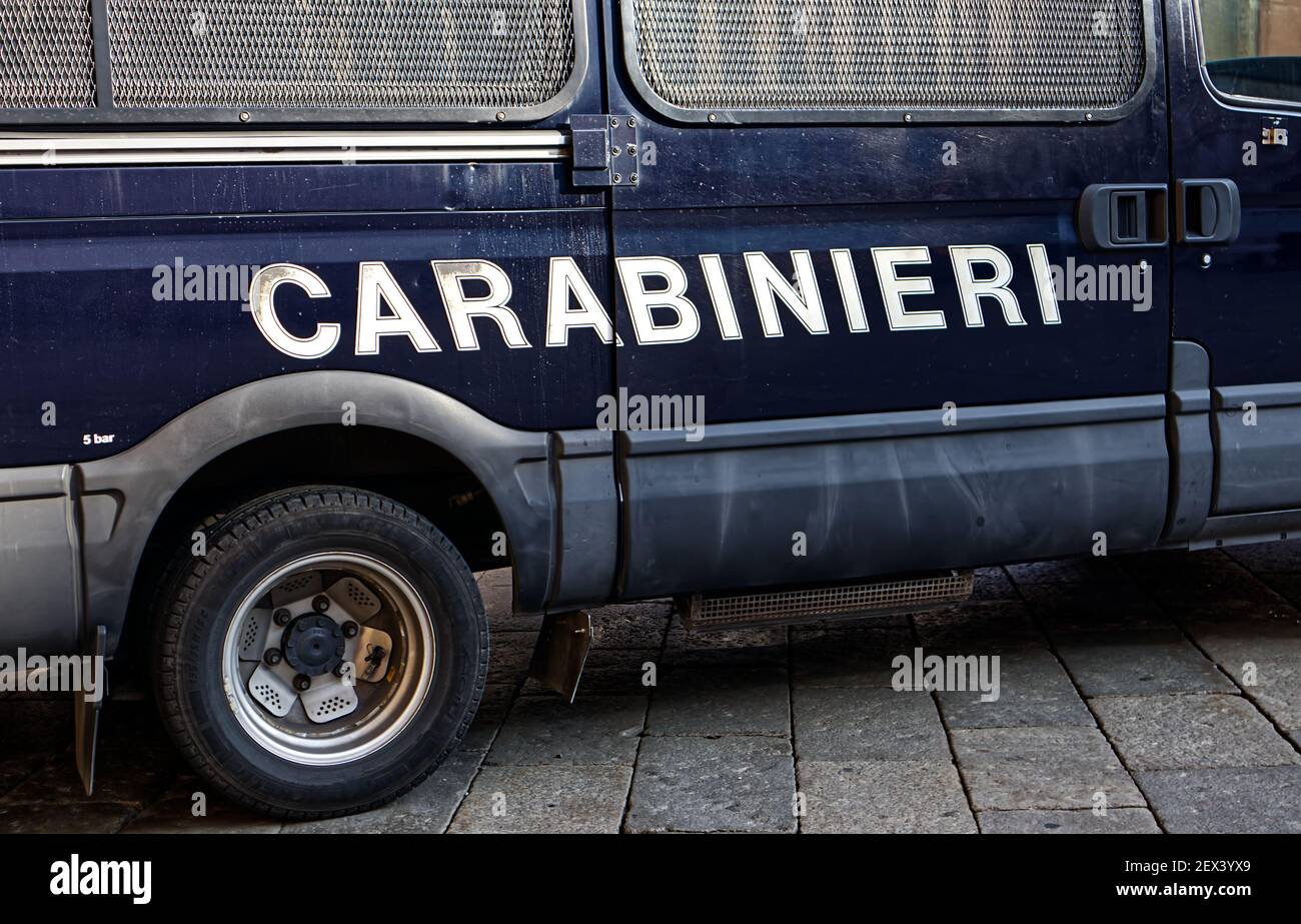 Italian Carabinieri sign on a door of police van in Bologna. Close-up ...