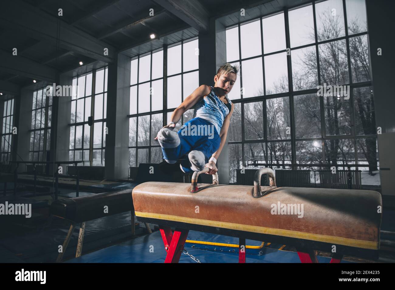 Champion. Little male gymnast training in gym, composed and active ...