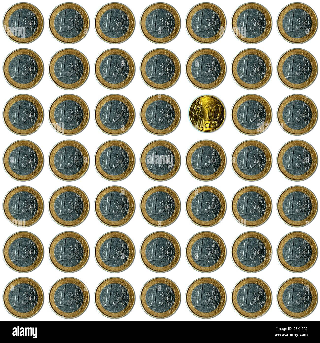 Pattern of 1-euro coins disturbed by a low value 10-cent coin Stock ...