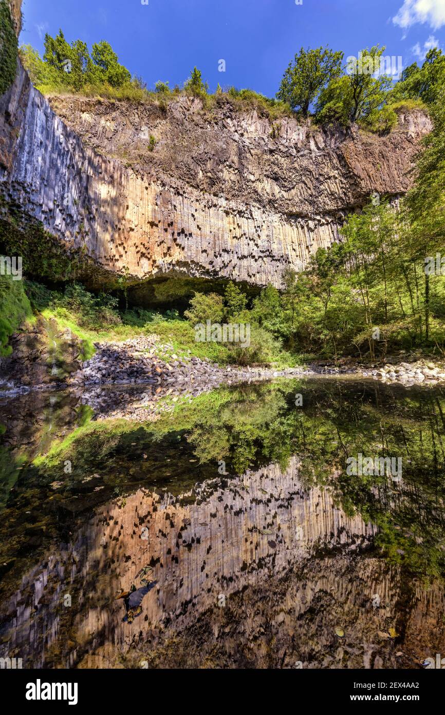 Basaltic organs of Pourcheyrolles, in Ardeche. Cliff of basaltic prisms ...