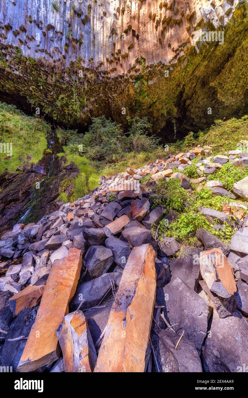 Basaltic organs of Pourcheyrolles, in Ardeche. Cliff of basaltic prisms ...