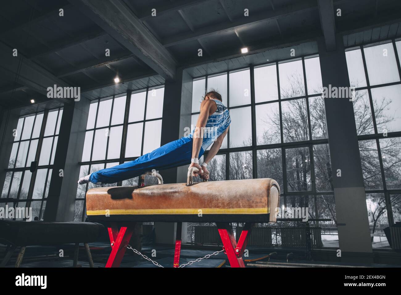 Wellness. Little male gymnast training in gym, composed and active ...