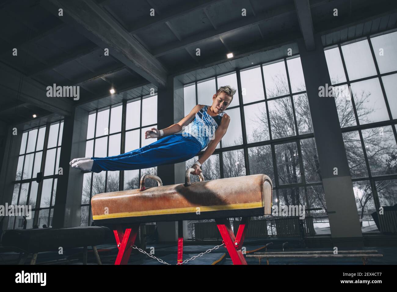 Wellness. Little male gymnast training in gym, composed and active ...