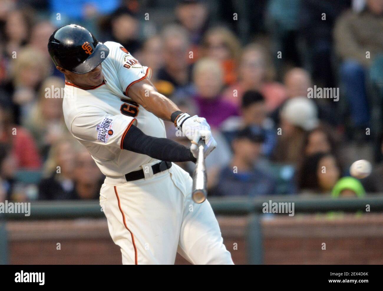 The San Francisco Giants' Justin Maxwell hits a single in the second ...