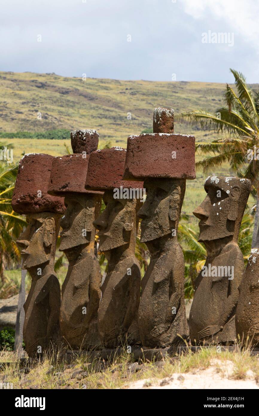 Anakena, 7 Moai including 4 with headdress (Pukao), Rapa Nui, Easter ...