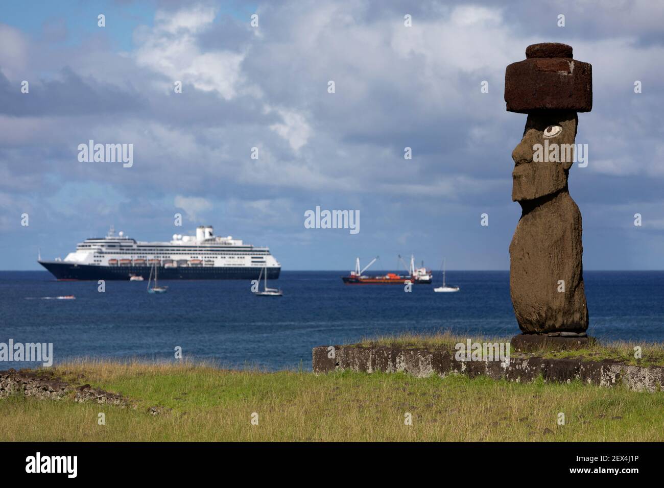 Tahai, Unique Moai with eyes and cruise ship. Rapa Nui, Easter Island ...