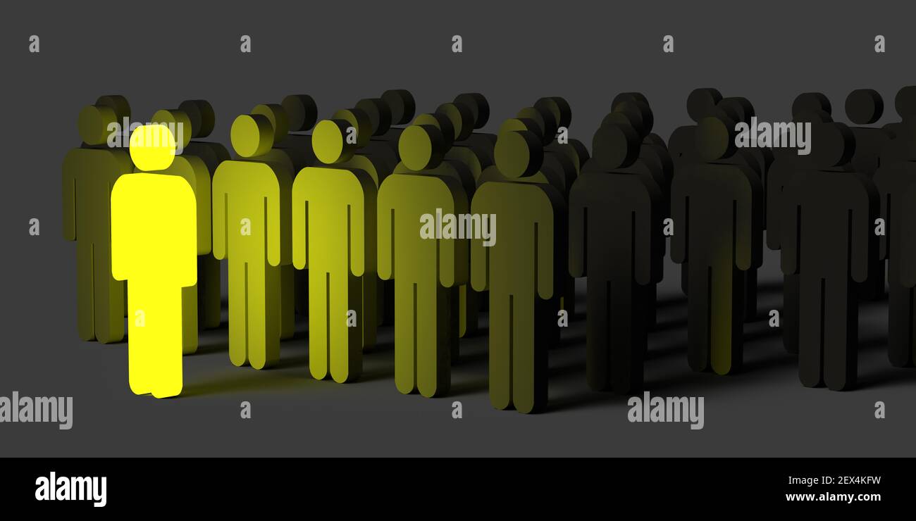 Authentic leadership concept: Many 3d rendered stick men silhouettes ...