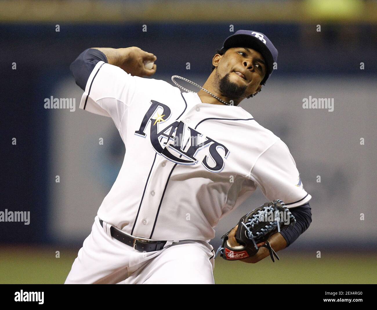 Alex Colome delivers in the first pitch during the Tampa Bay Rays game ...