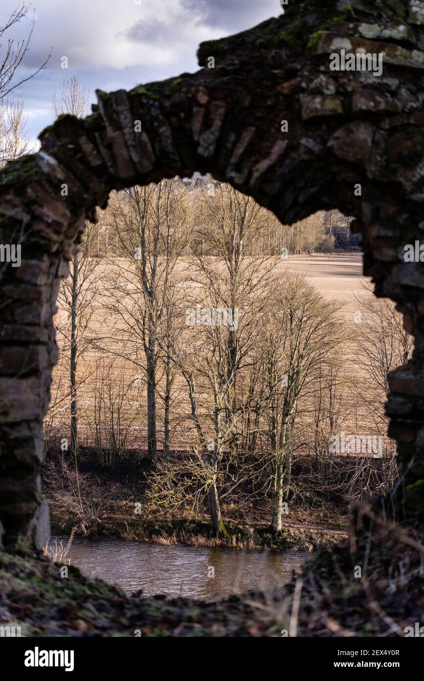 River Teviot at Roxburgh Castle, Kelso, Scottish Borders seen through ...