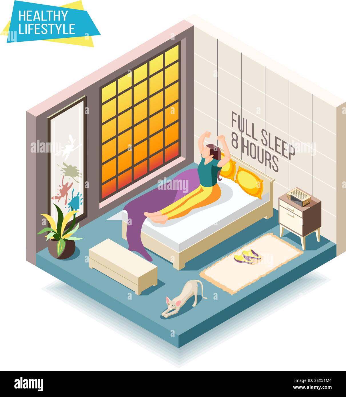 Healthy lifestyle isometric composition with woman waking up after ...