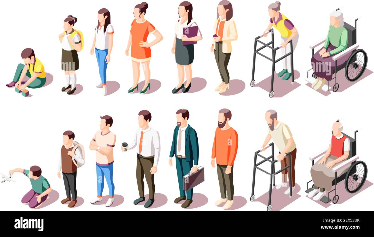 Different generations isometric icons set illustrated human age ...