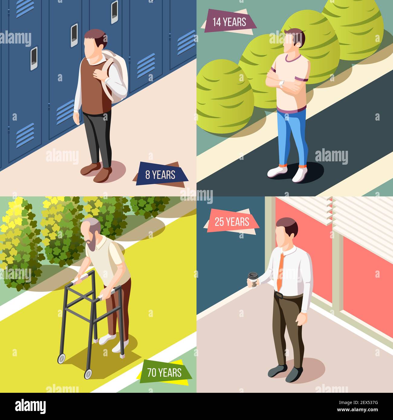 Different generations 2x2 design concept illustrated male character ...