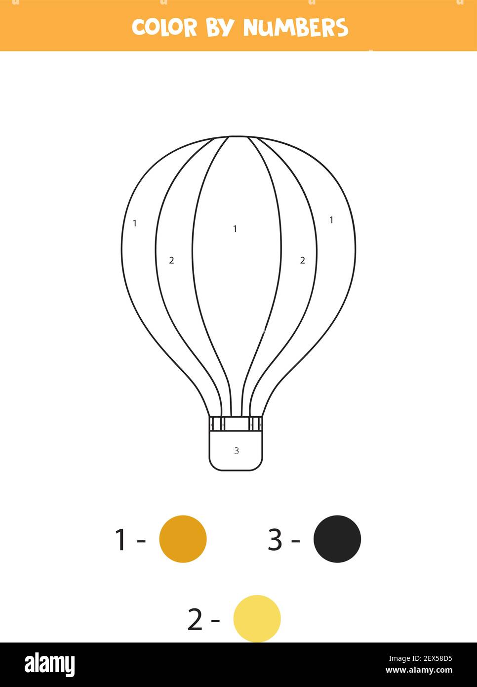 Coloring page with cartoon hot air balloon. Color by numbers. Math game ...