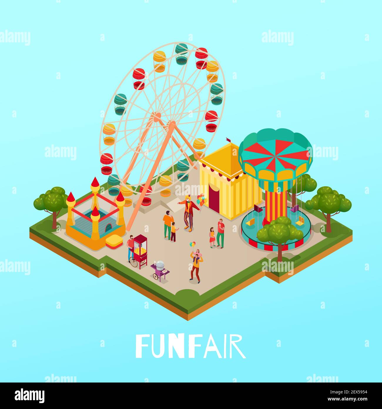 Fun fair with visitors circus performance and attractions on blue ...