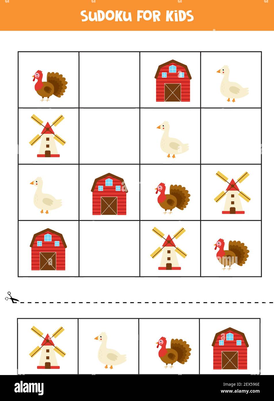 Sudoku for preschool kids. Logical game with cute farm animals Stock ...