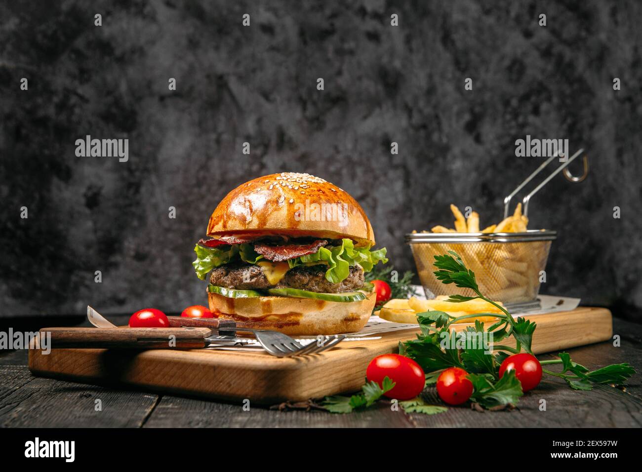 Side view on american burger set with french fries Stock Photo - Alamy