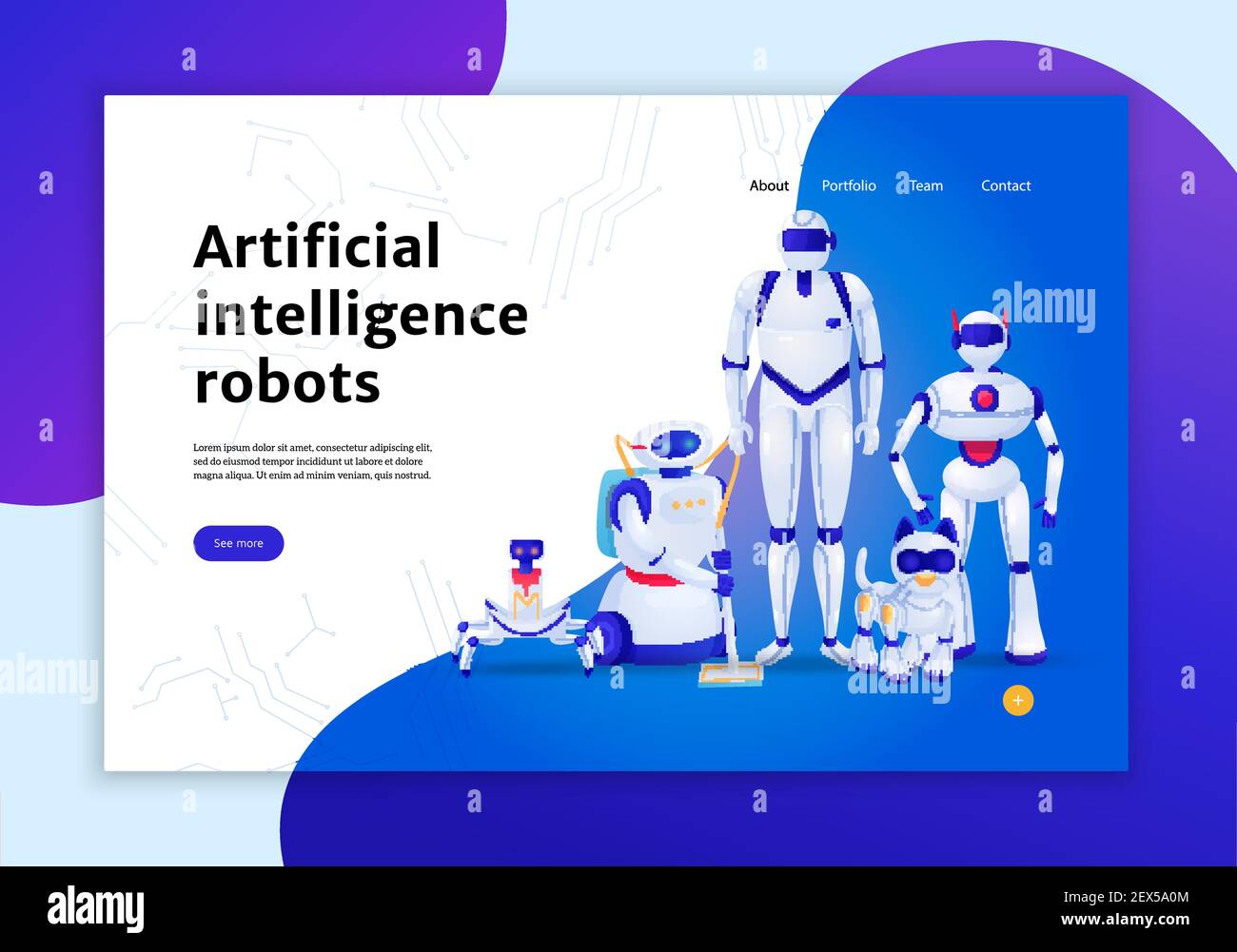 Artificial intelligence robots concept of web banner on blue white ...