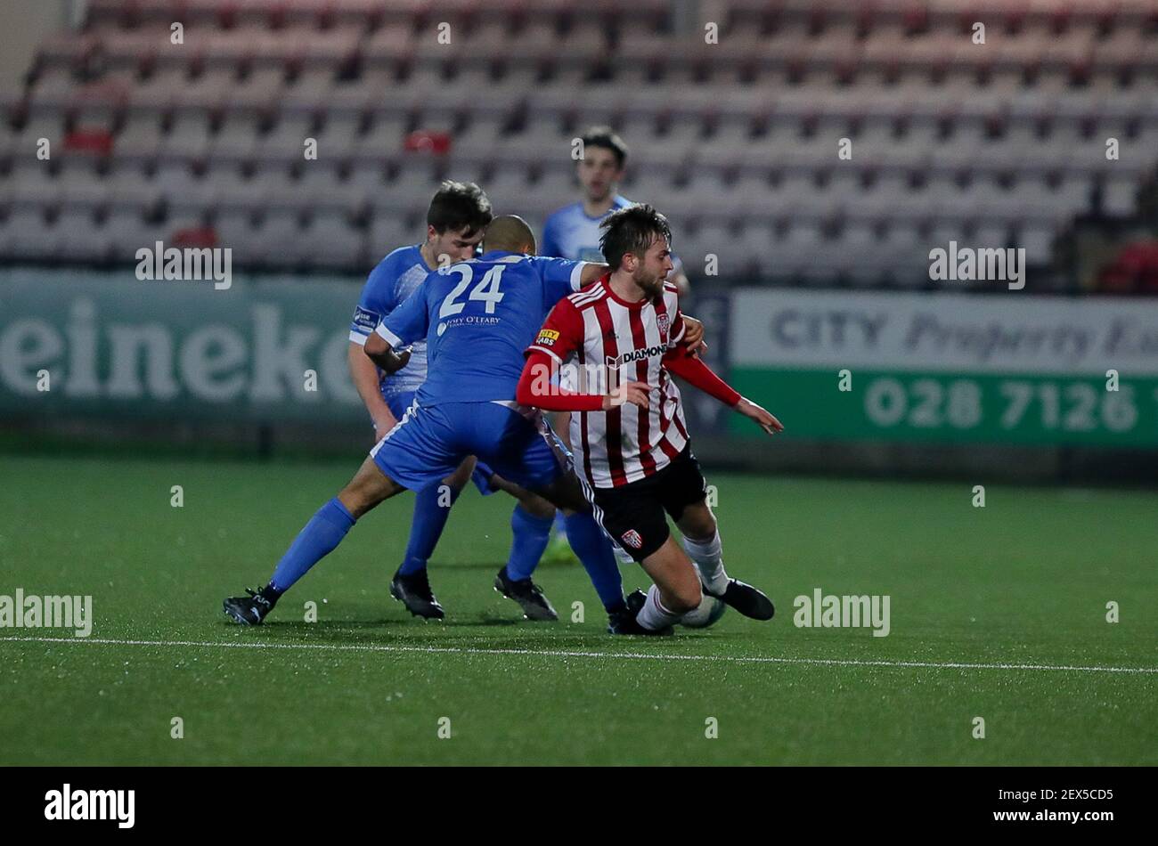 WILL PATCHING (Derry City) brought to ground by Ethan Boyle (Finn Harps ...