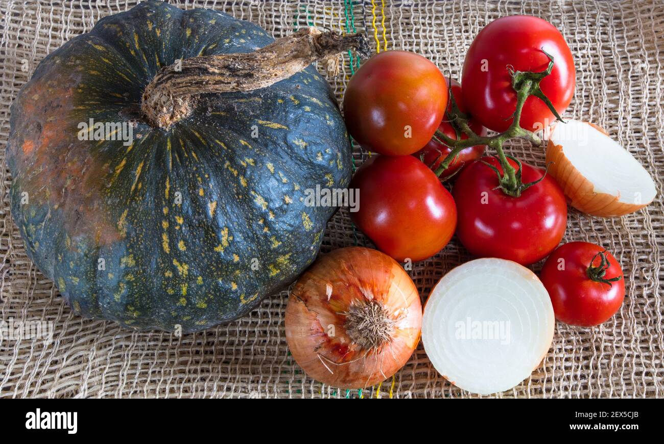 A top view of tomatoes and a pumpkin on a nesting bag Stock Photo - Alamy