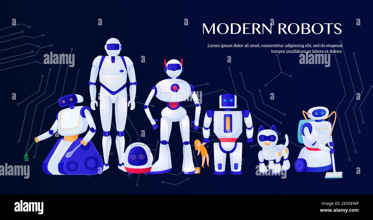 Set of modern robots on dark background with integrated circuit ...