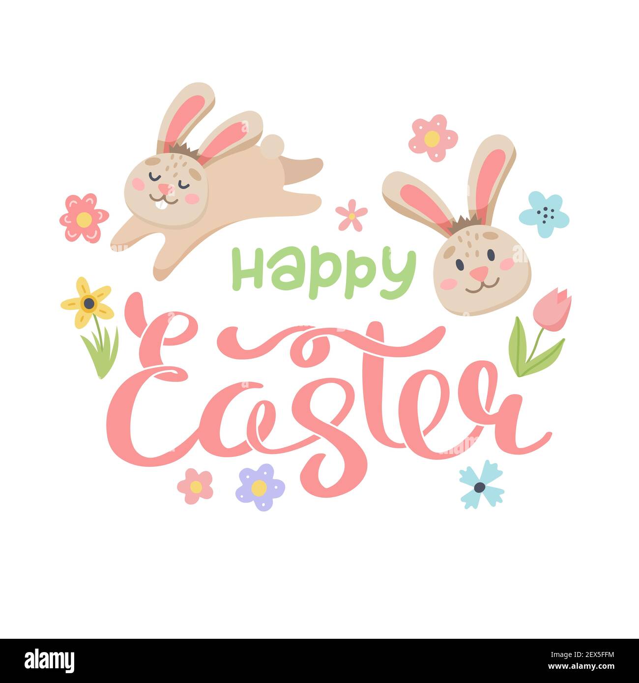 Happy easter lettering with bunnies and flowers. Cute hand drawn vector ...