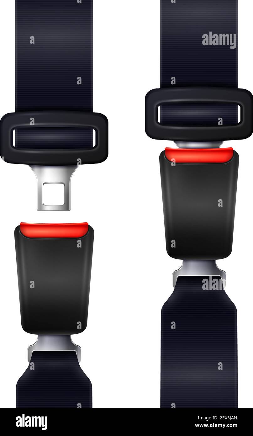 Set of realistic automobile seat belts in fixed and unblocked view ...