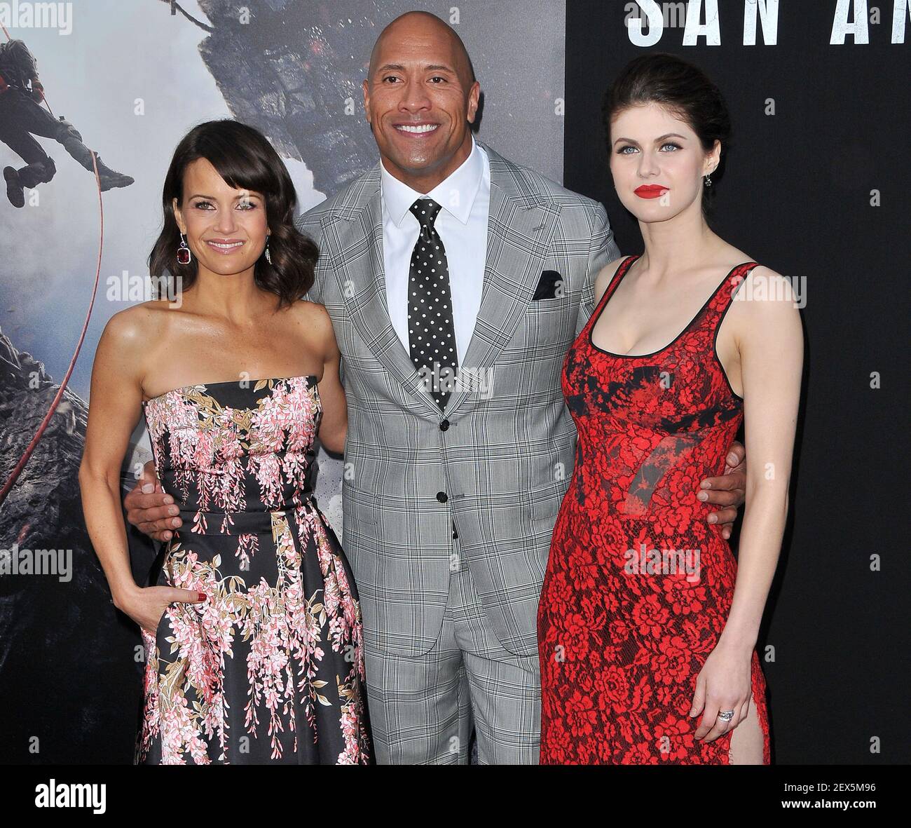 (L-R) Carla Gugino, Dwayne Johnson and Alexandra Daddario arrives at the "San Andreas" Los ...