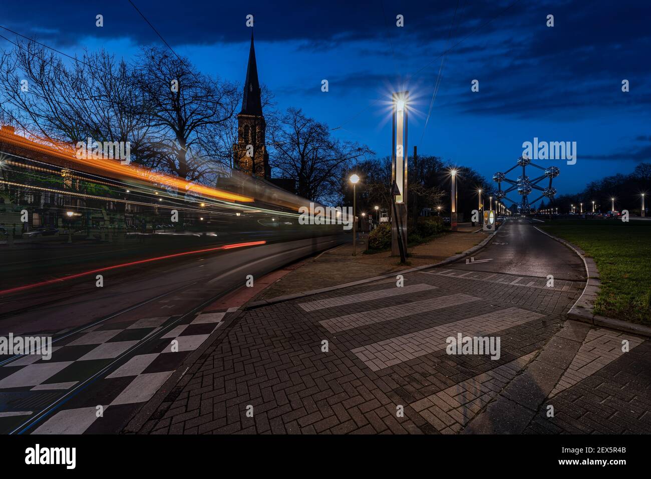 Heysel, Brussels Belgium The Saint Lambertus church and the atomium and ...