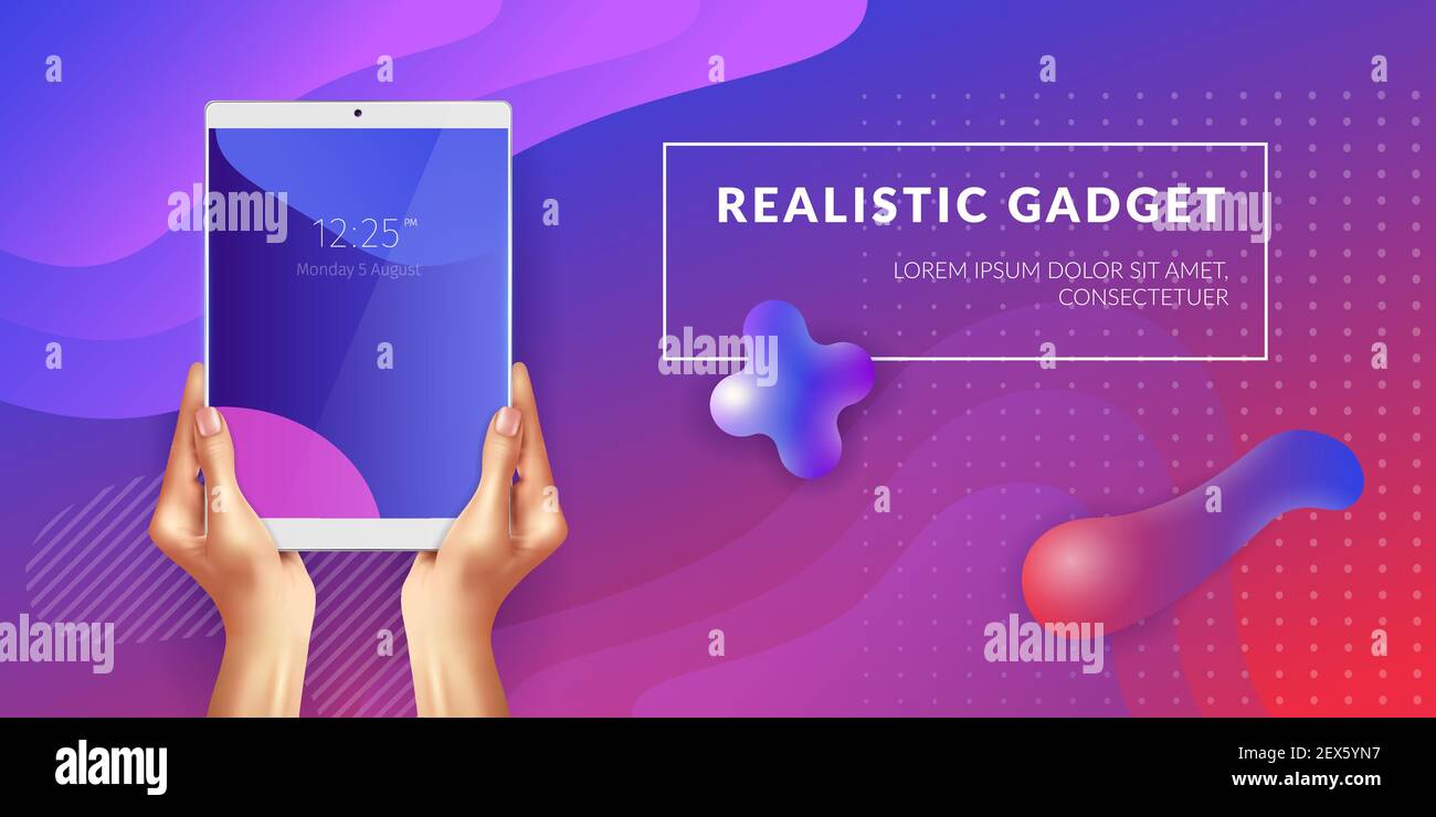 Realistic tablet in female hands on textured colored background with ...