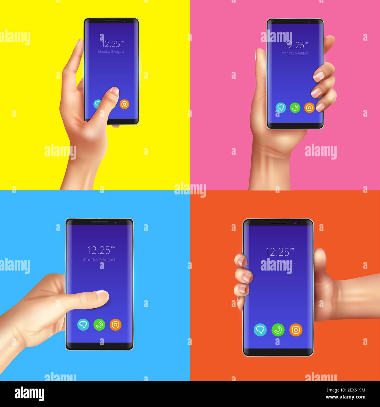 Realistic gadgets design concept with hands holding black smart phones ...