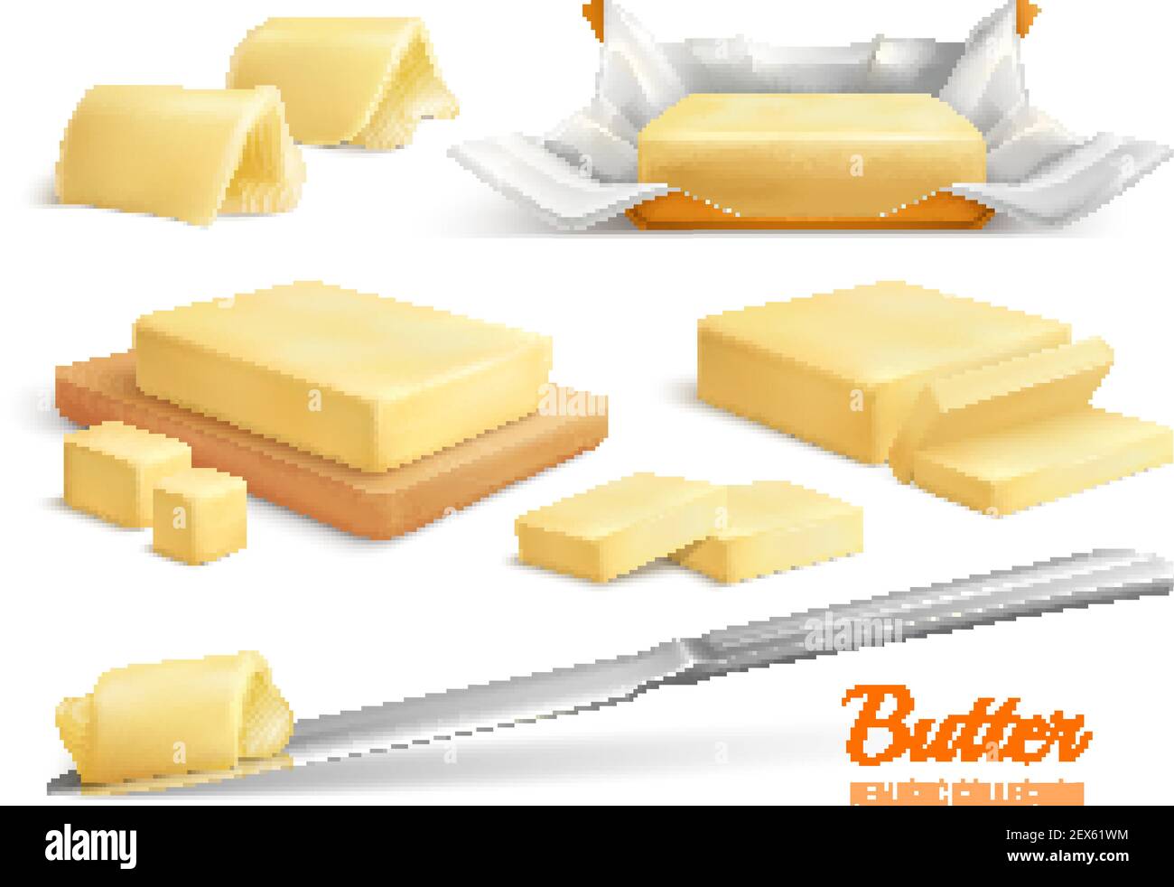 Realistic set of butter slices sticks and rolls isolated on white ...