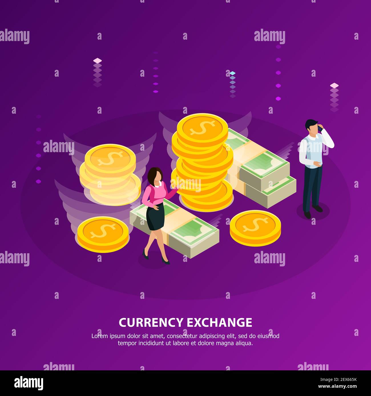Stock exchange isometric banner with currency exchange headline and ...