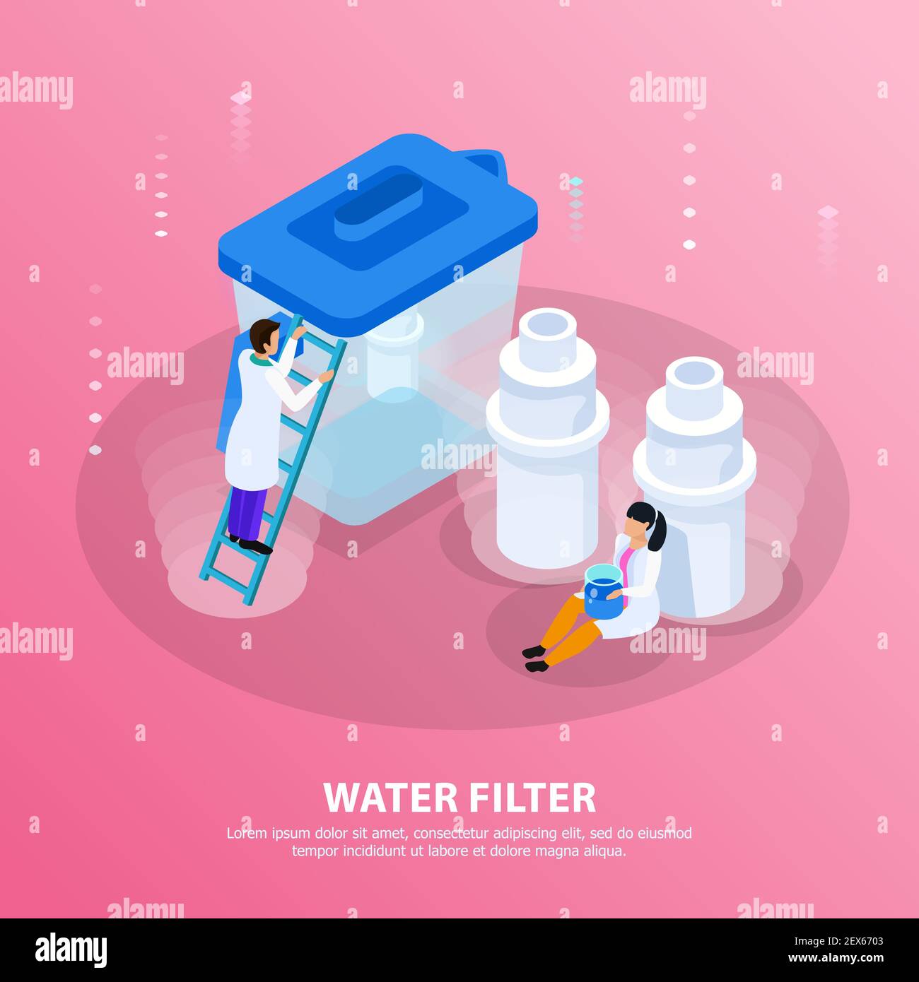 Water purification isometric background with water filter headline and ...