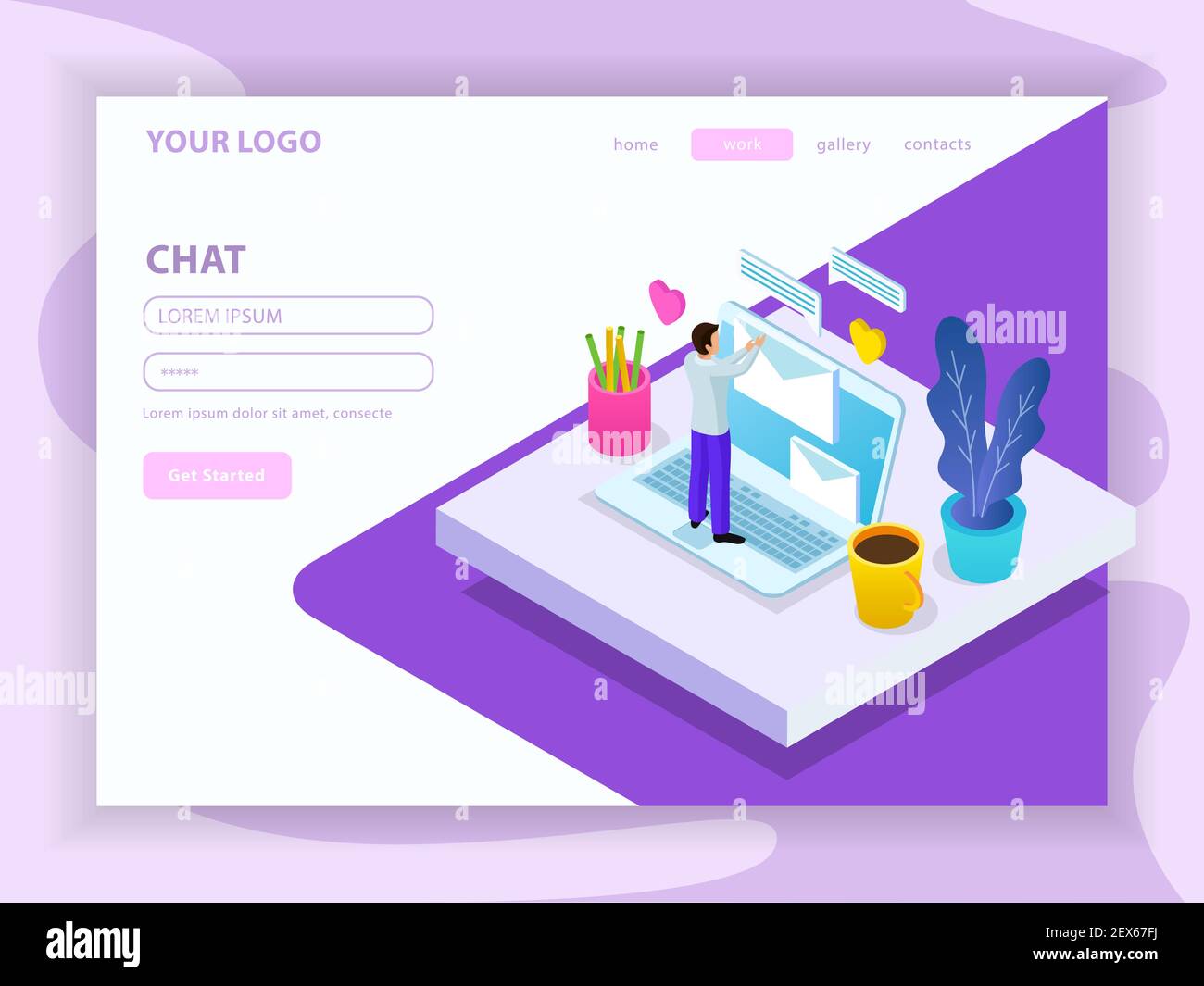 Virtual communication isometric composition with landing page of ...