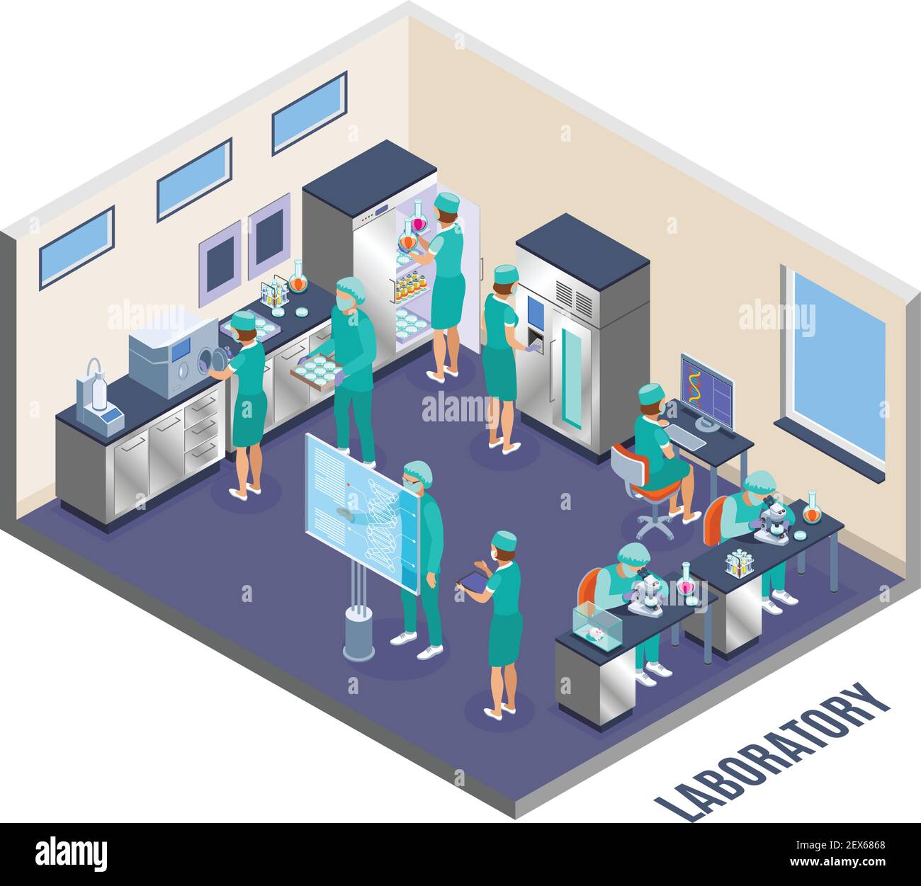 Microbiology isometric composition laboratory room and walls with ...