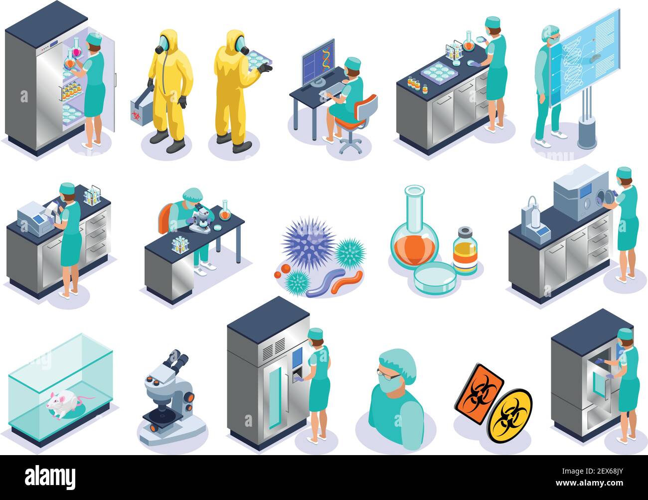 Microbiology isolated isometric icon set with science employers ...