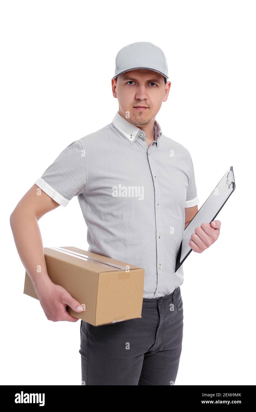 portrait of postman or delivery man in uniform with box and clipboard ...