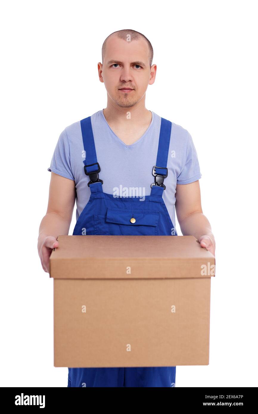 moving day or delivery concept - portrait of handsome man loader in ...