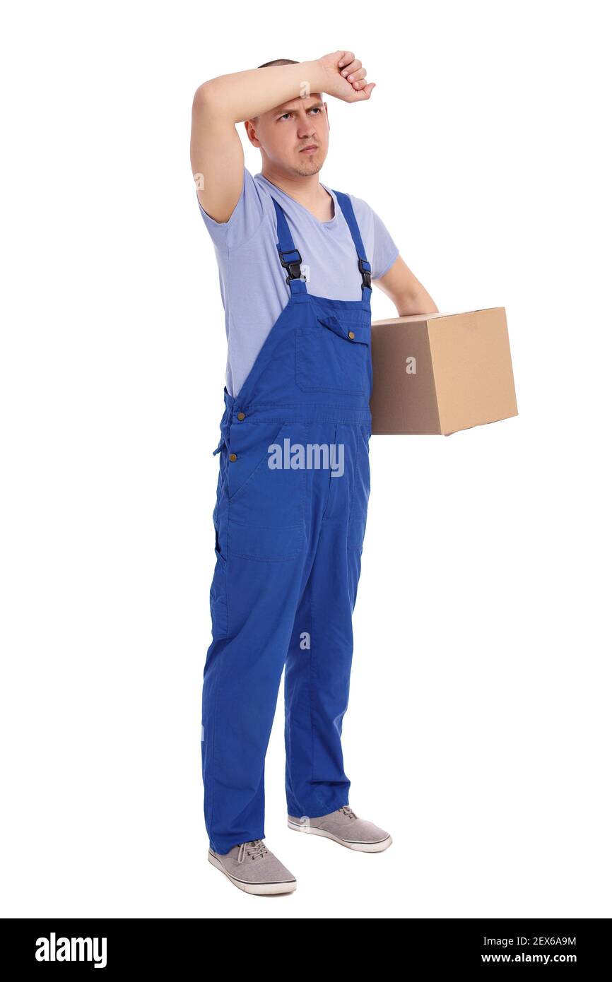 tired loader man with box isolated on white background Stock Photo - Alamy