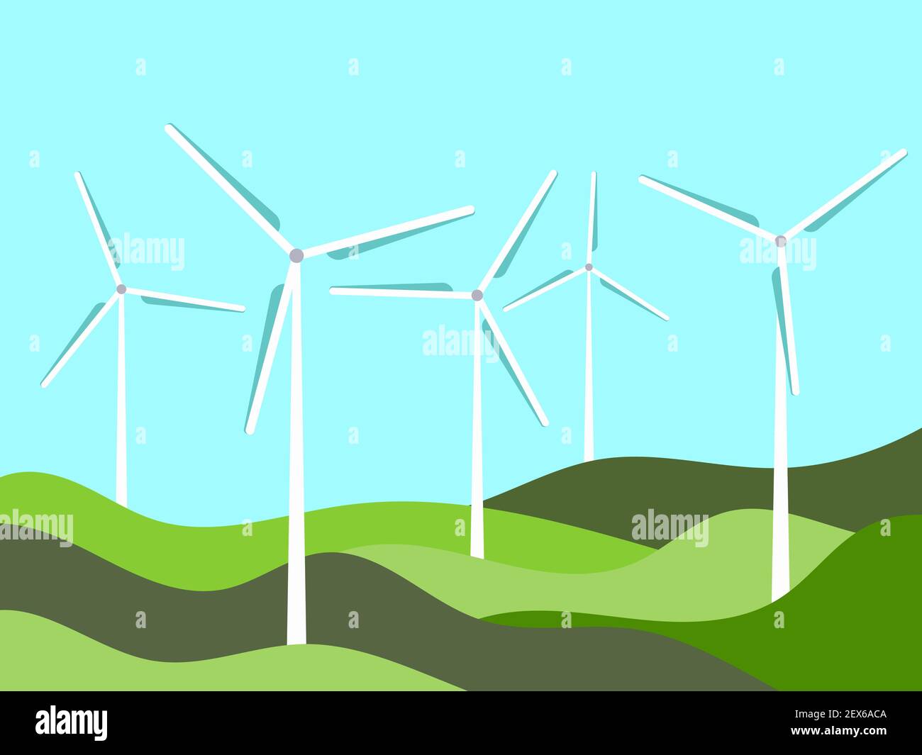 Wind turbines among green fields in a minimalistic, flat style. Wind ...