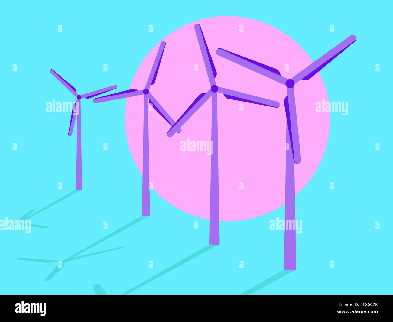 Wind turbines at sunset, pink sun in the style of the 80s. Wind park ...