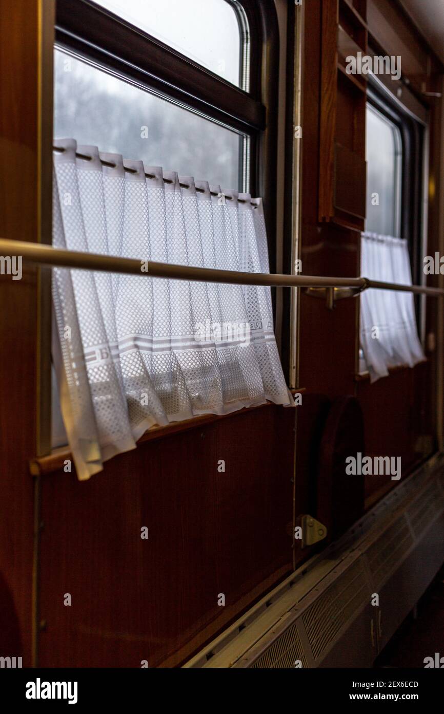 Lace curtains on the window in the train carriage Stock Photo - Alamy