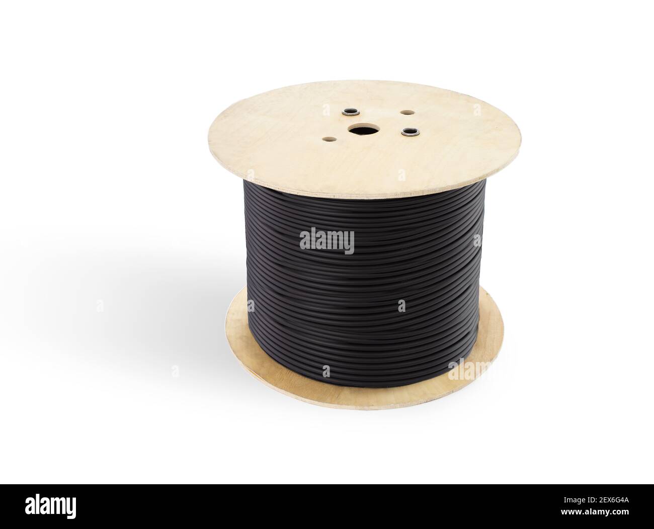 Black cable large spool, Roll - wooden spool Stock Photo - Alamy