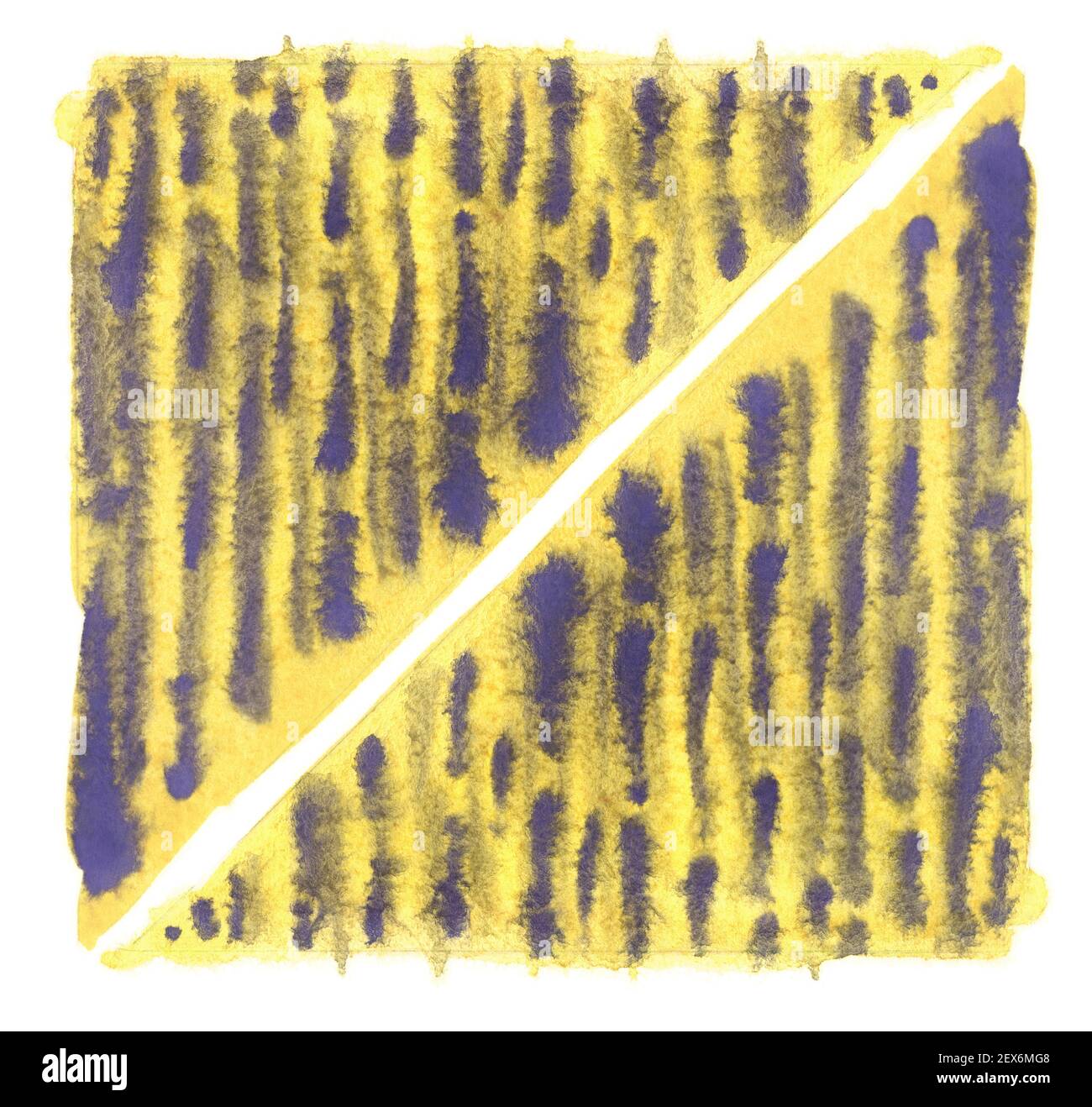 Handmade violet watercolor linear splash on yellow Square composed of ...