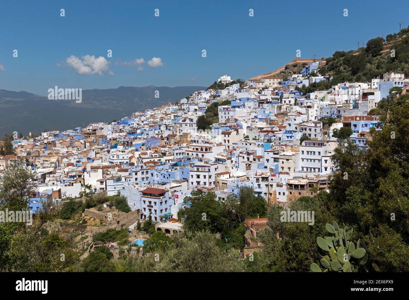 Morocco, Chefchaouen, architecture of white and indigo limewashed ...