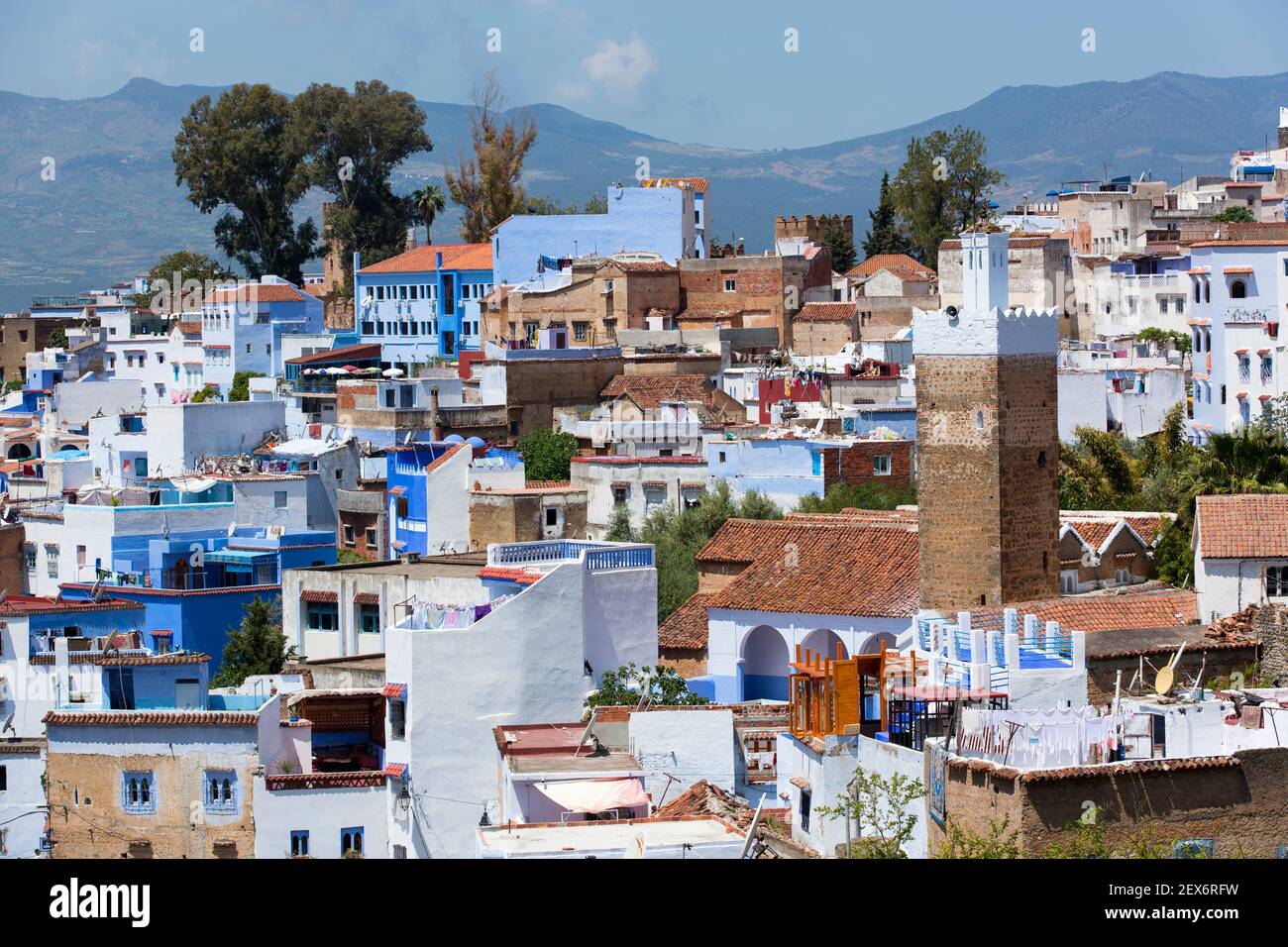Morocco, Chefchaouen, architecture of white and indigo limewashed ...