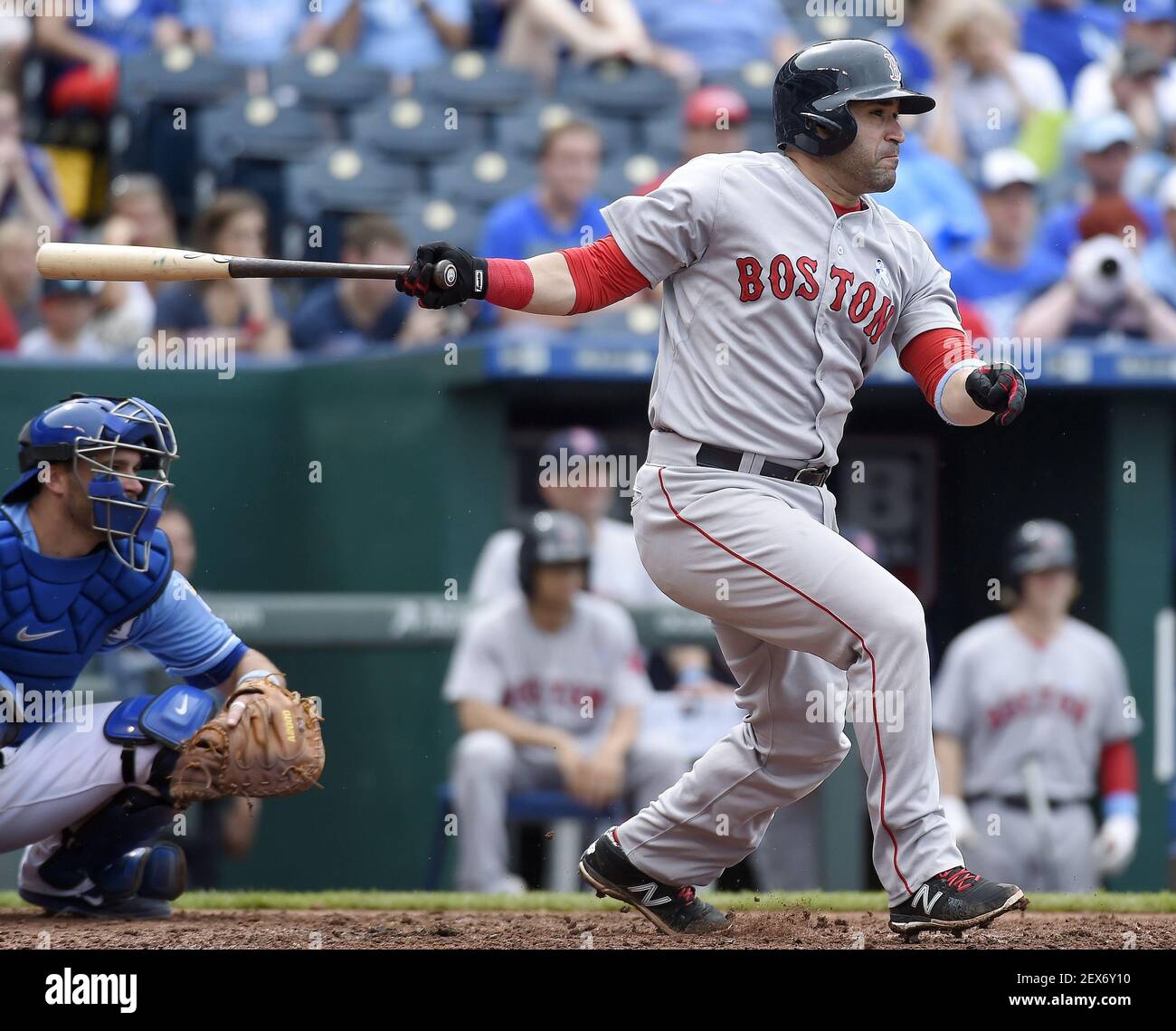 Boston Red Sox's Sandy Leon (3) follows through on an RBI single in ...
