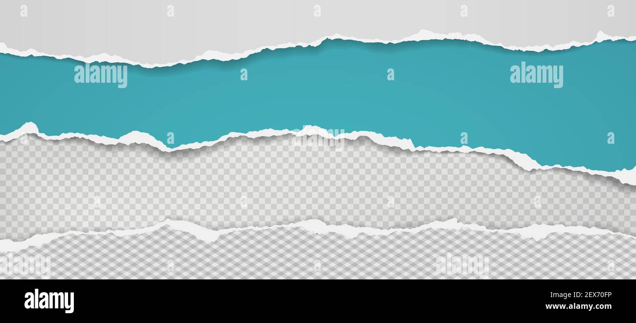 Pieces of torn, ripped white and turquoise paper with soft shadow are ...