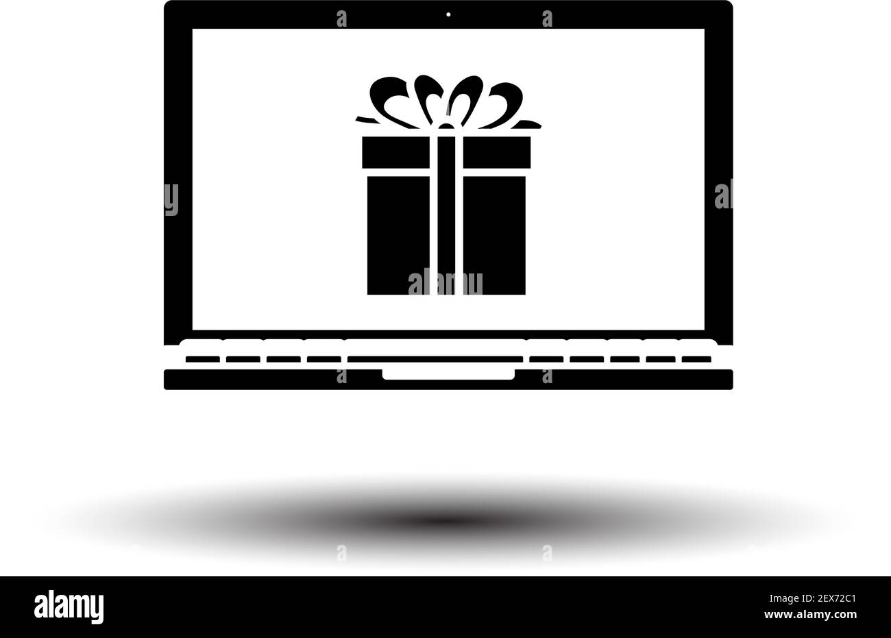 Laptop With Gift Box On Screen Icon. Black on White Background With ...